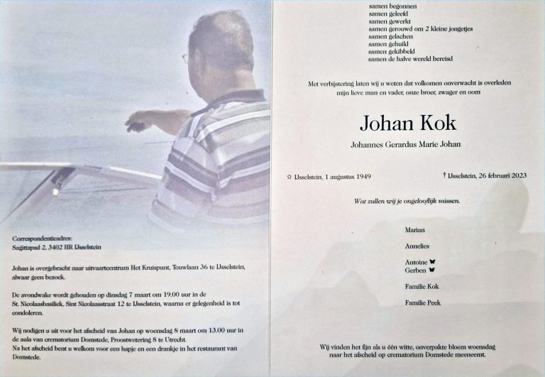 Rouwkaart Johan Kok - B.C. IJsselstein